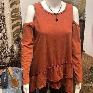 Doe & Rae | Tops | Cold Shoulder Top Angled Ruffle Hem Brick Rust ...